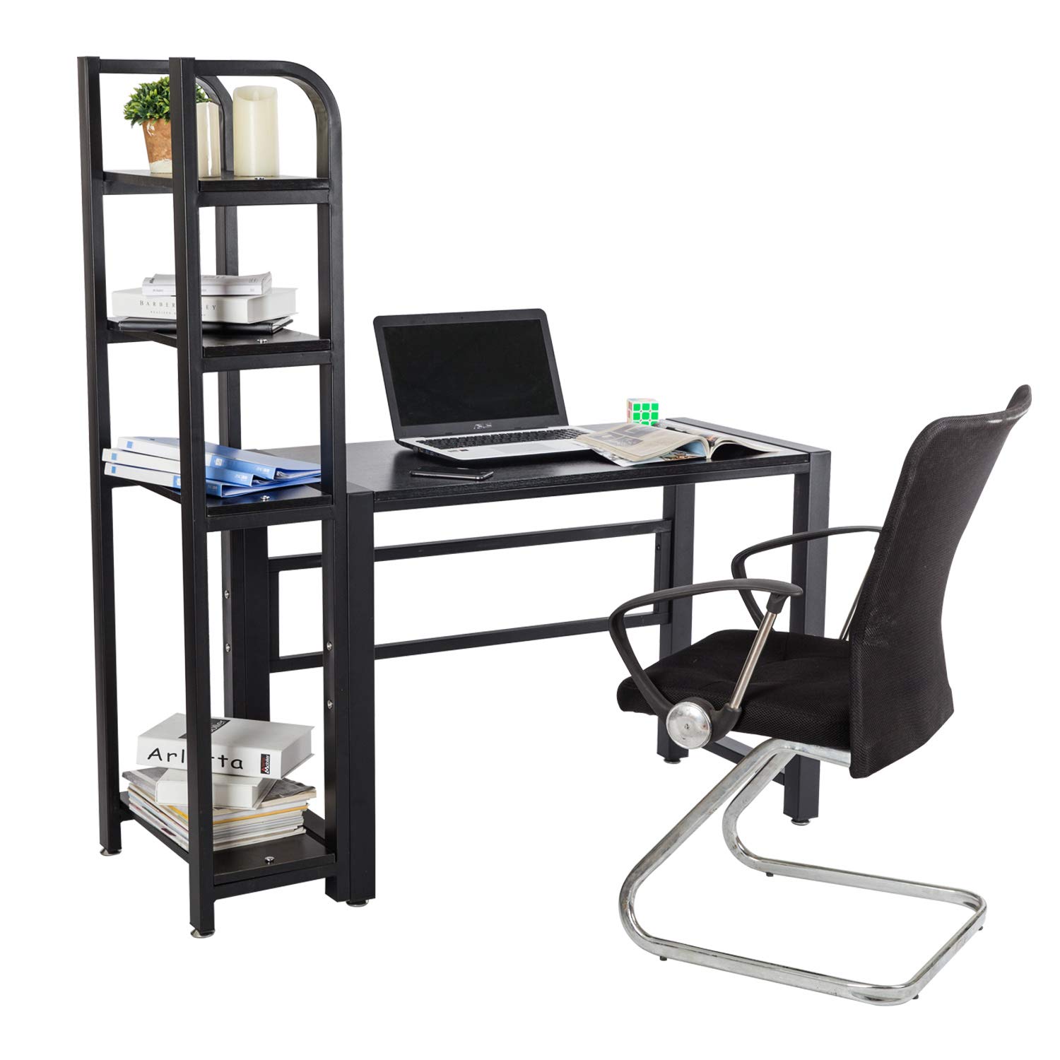 Zhanrui Computer Desk with 4 Tier Storage Shelves Modern Large Office Desk Computer Table Multi Level Writing Study Table with Bookshelf and Tower Shelf for Home Office Workstation,Black