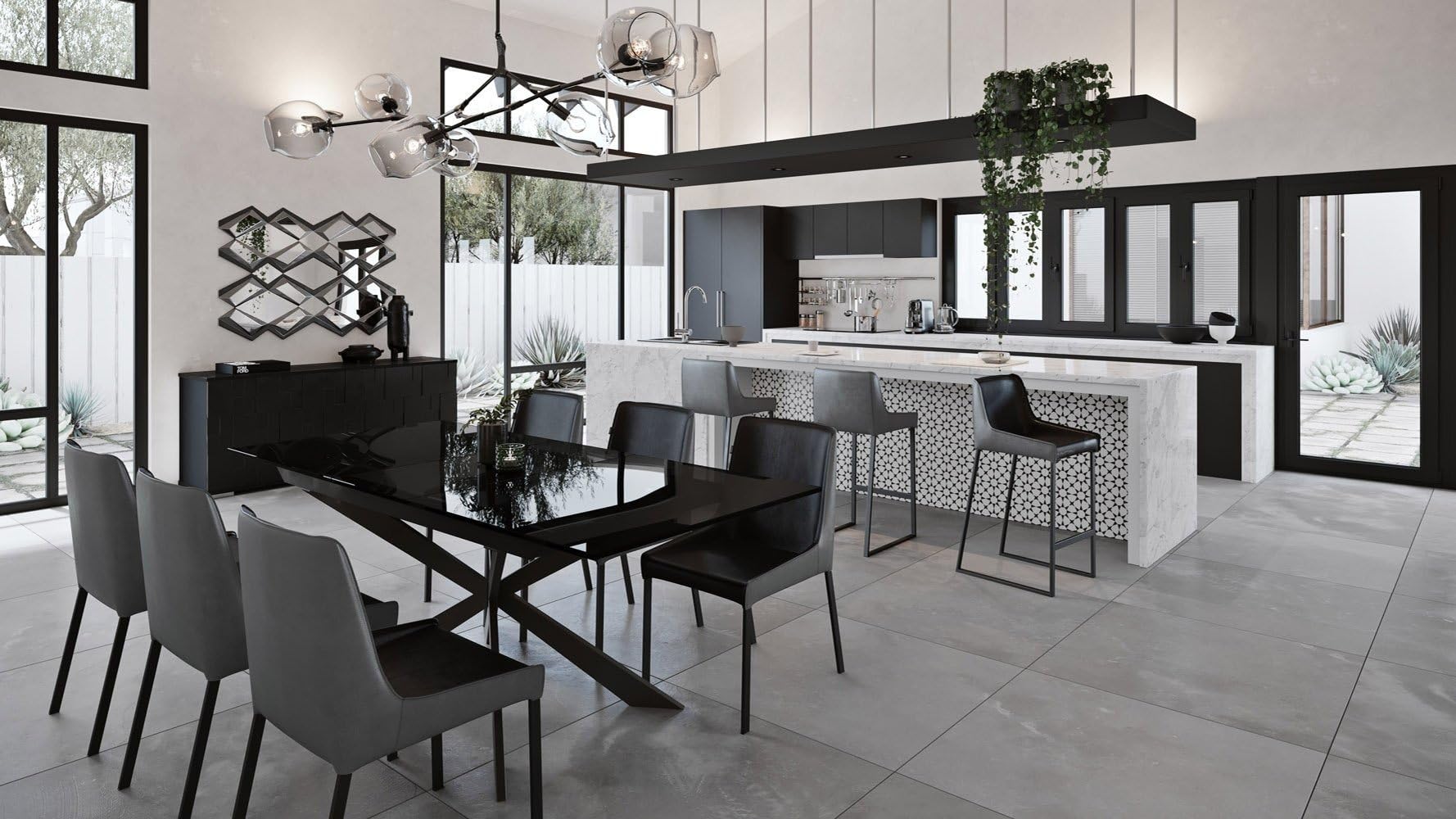 ZURI Modern 63-79" Burton Extension Dining Table - Smoked Glass Top with Matte Black Steel Base