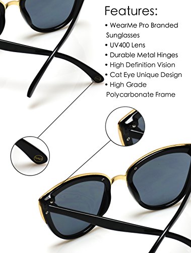 WearMe Pro Womens Cat Eye Mirrored Reflective Lenses Oversized Cateyes Sunglasses (Black/Mirror Green, 54)
