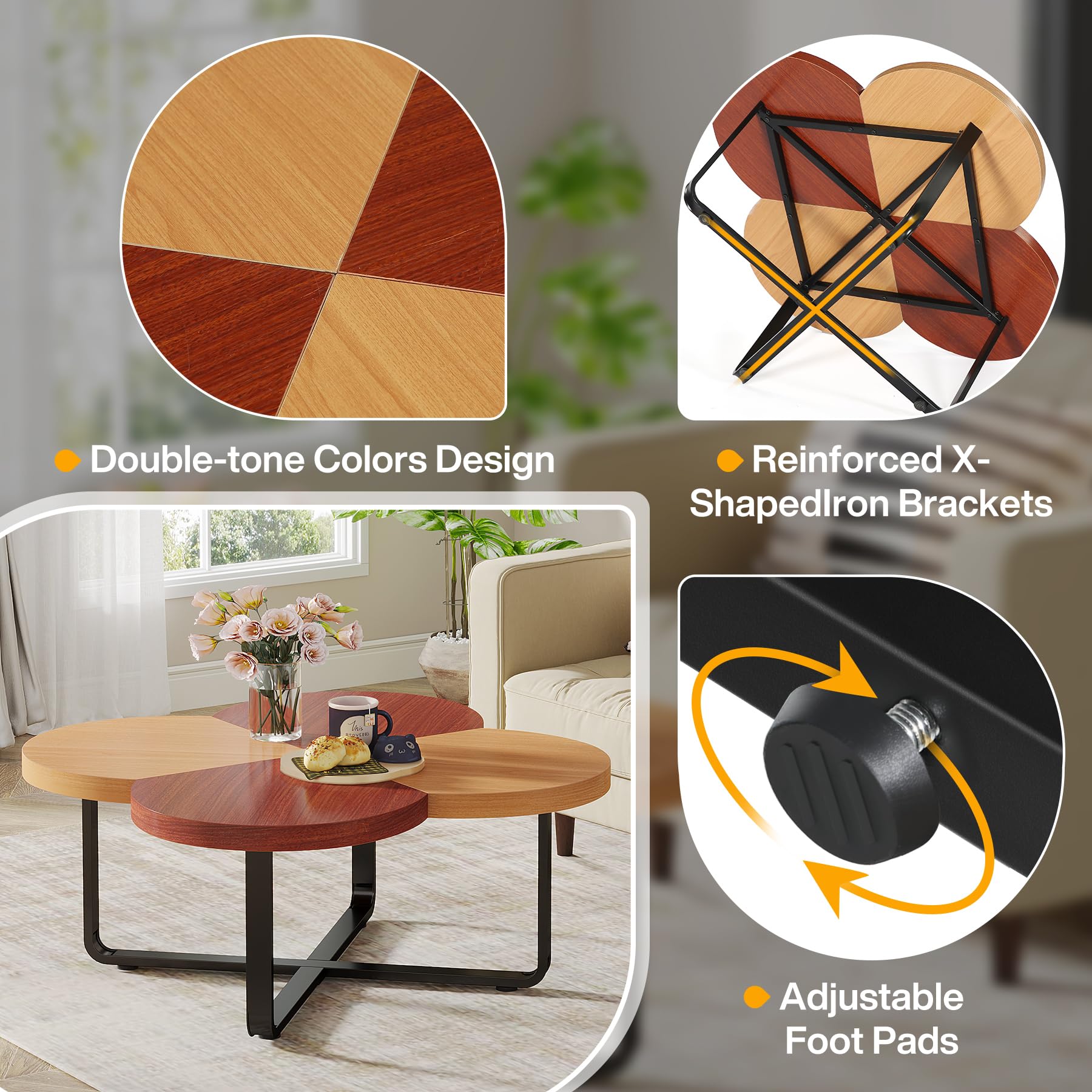 Tribesigns 35-Inch Double-Tone Coffee Table, Vintage Large Center Table for Living Room, Tea, Coffee, Small Spaces, Lucky Clover Shaped