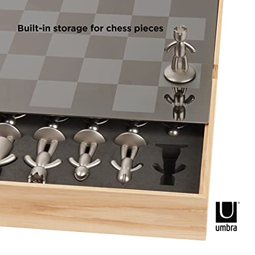 Umbra Buddy Chess Set For Kids & Adults – Modern Original Chessboard Game Made of Metal With Nickel & Titanium Finish – Measures 13 x 13 by 1 ½ Inch (33 x 33 x 3.8 cm) - Velvet Bottom for Easy Moving
