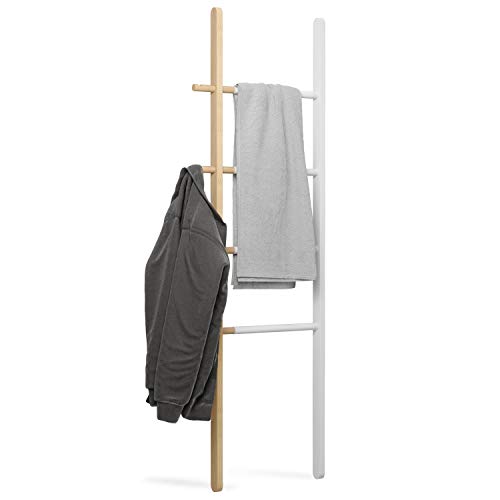 Umbra Hub Ladder β Adjustable Clothing Rack for Bedroom or Freestanding Towel Rack for Bathroom | Expands from 16 to 24 inches with 4 Notched Hooks, White/Natural