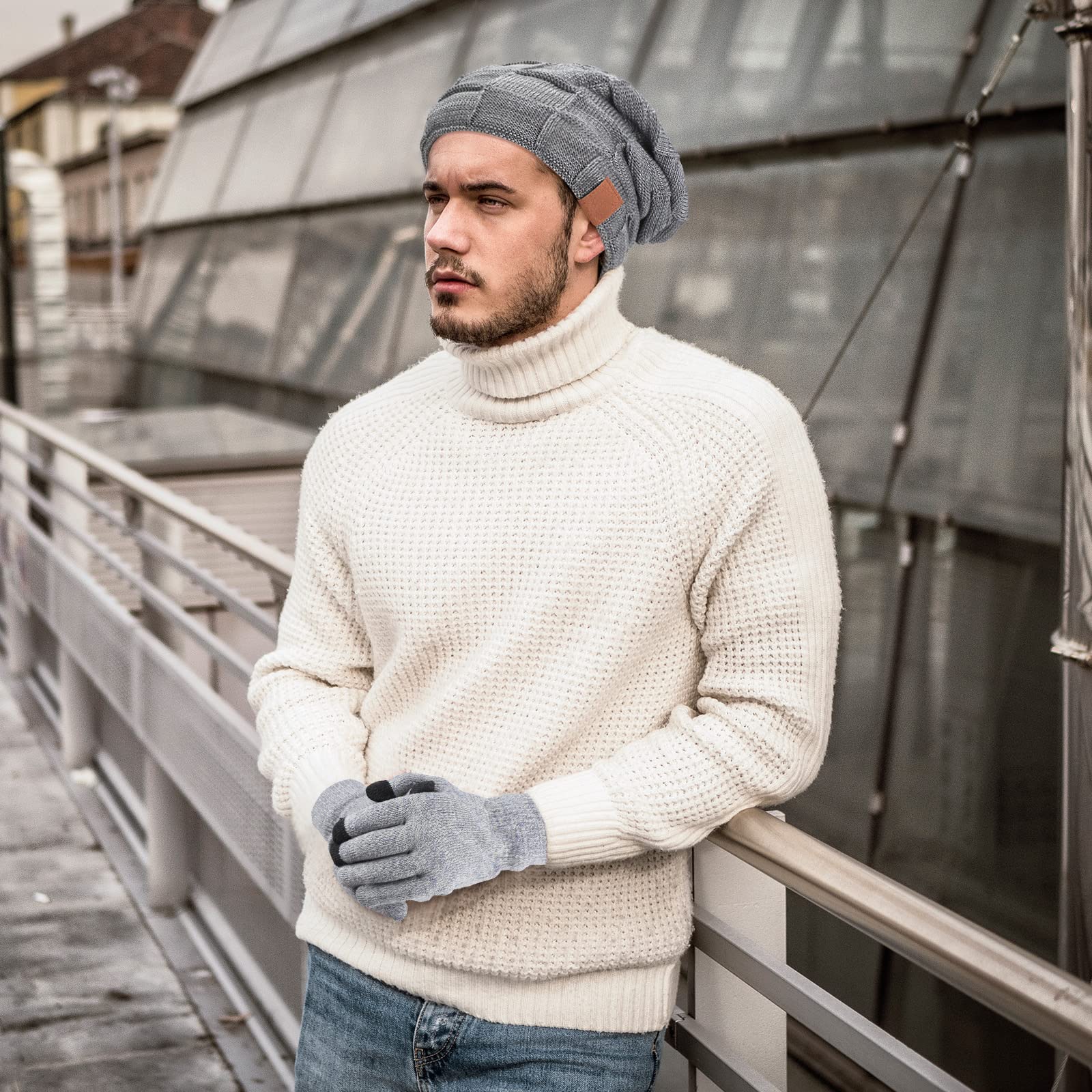 Winter Hats for Men Women Warm Gloves Lined Knit Thick Slouchy Beanie Touch Screen Anti Slip Silicone Gel Winter Gloves (Black, Gray, 2 Set)