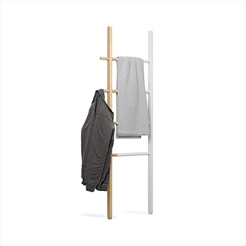 Umbra Hub Ladder β Adjustable Clothing Rack for Bedroom or Freestanding Towel Rack for Bathroom | Expands from 16 to 24 inches with 4 Notched Hooks, White/Natural