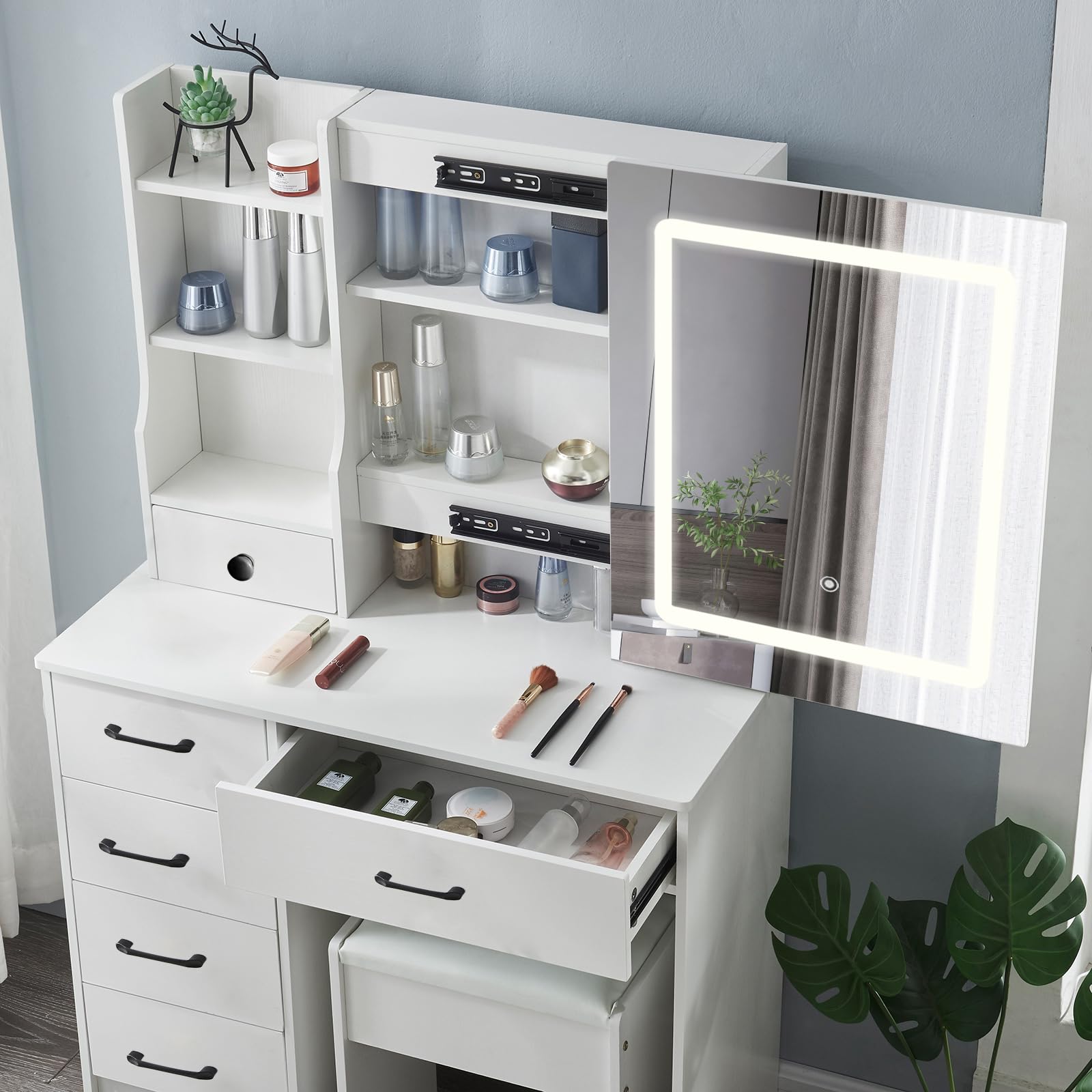 White Vanity Desk with Mirror and Lights, Vanity Table with LED Lighted Mirror, 6 Drawers Large Makeup Table with Lots Storage, Bedroom Sets Vanity Mirror with Lights Desk and Chair
