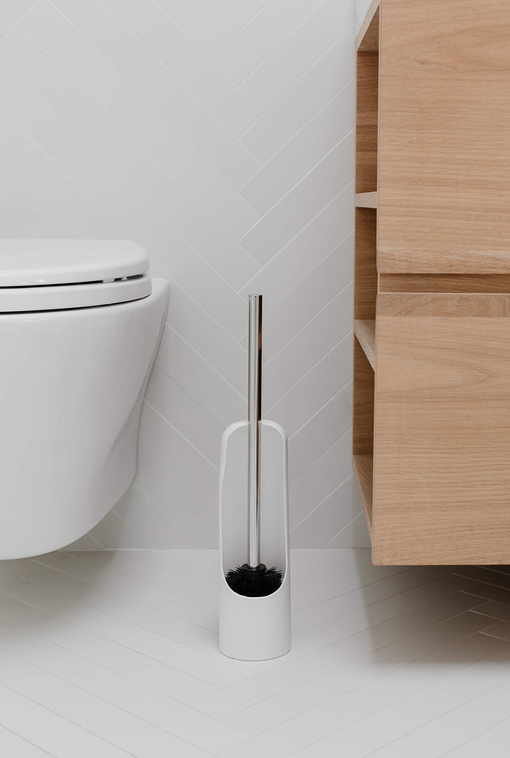 Umbra Touch Toilet Brush with Open Back Hideaway Holder โ Durable, Slim, Plastic & Metal Toilet Bowl Cleaner With Rubber Finish - Soft and Dense Brush Bristles โ Removes All Stubborn Stains, White