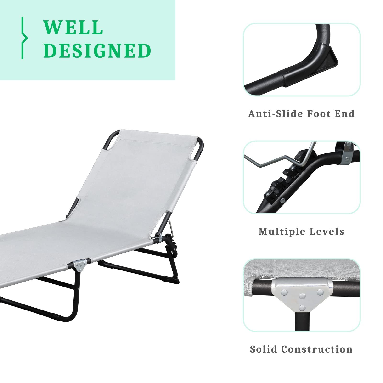VINGLI Folding Chaise Lounge, Adjustable 4 Position Patio Chair Recliner, Sunbathing Chair for Beach Outdoor Pool Patio Deck (Grey, without Canopy)