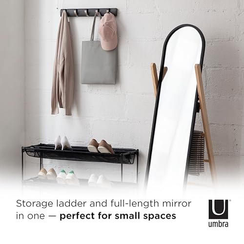 Umbra Hub Floor Length Mirror with Storage Rack, Modern Black Rubber Rim and Solid Wood Storage Ladder, Black/Natural Finish