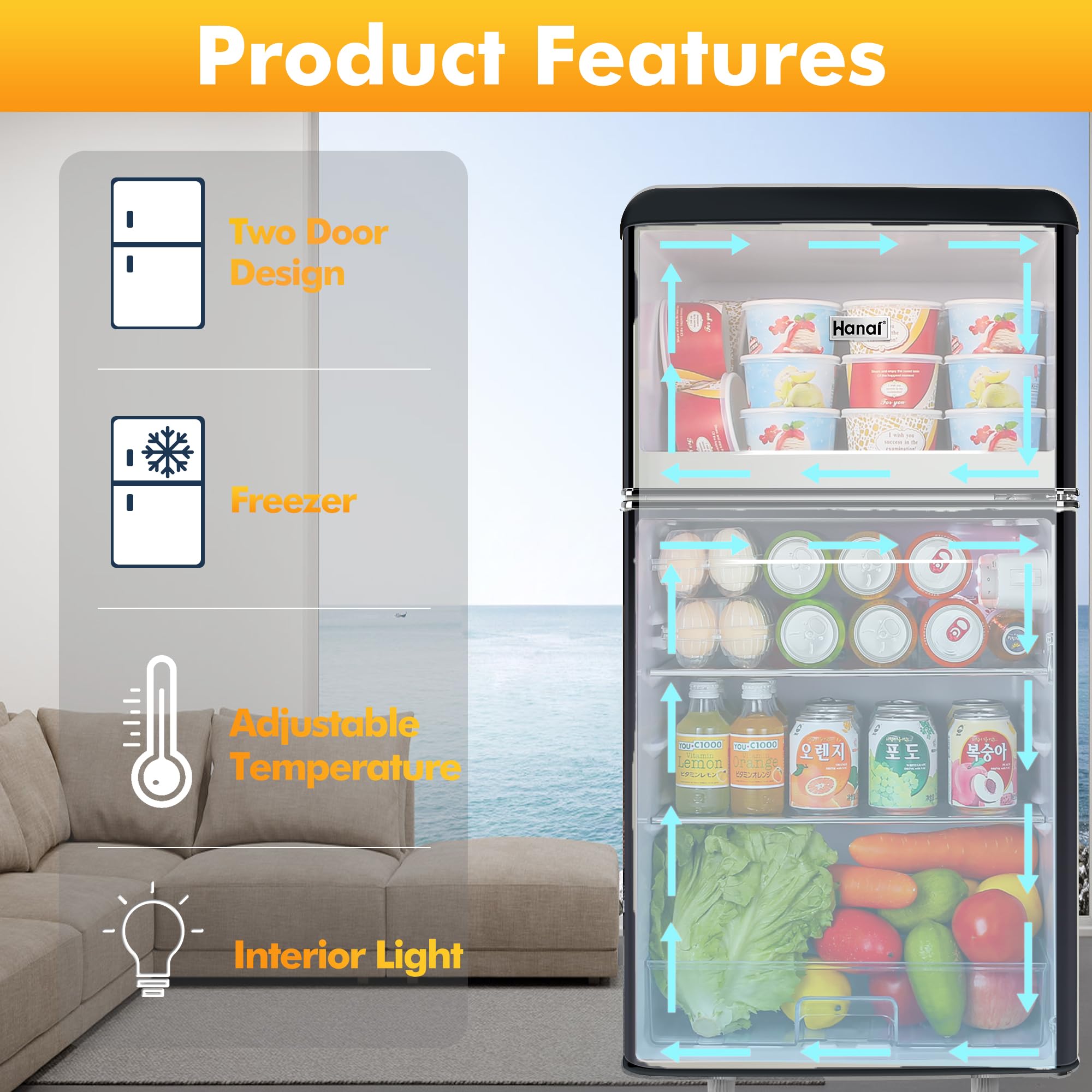 WANAI 3.2 Cu.Ft Mini Fridge Door Design Compact Refrigerator with Freezer,7 Level Adjustable Thermostat Removable Shelves Small Refrigerator for Office Dorm Apartment Black