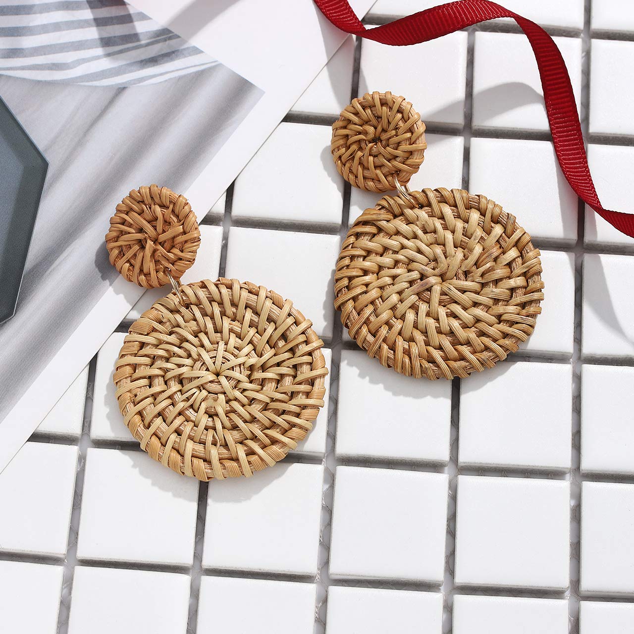 Weave Straw Double Disc Drop Earrings Boho Rattan Dangle Statement Earrings (rattan disk dark)