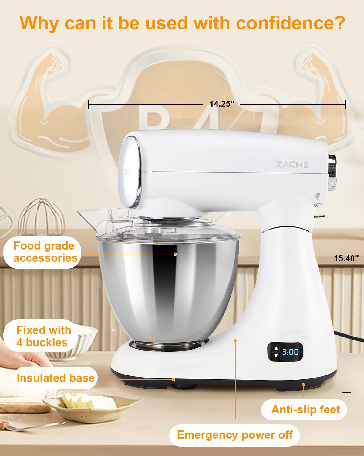 ZACME Mixers Kitchen Electric Stand Mixer, Aluminum die casting and Gears, 1 Hour Continuous Operation, Dual Cooling System, Low Noise DC Motor, LED Display and Timing Function, 600W 5.5QT, Food Grade
