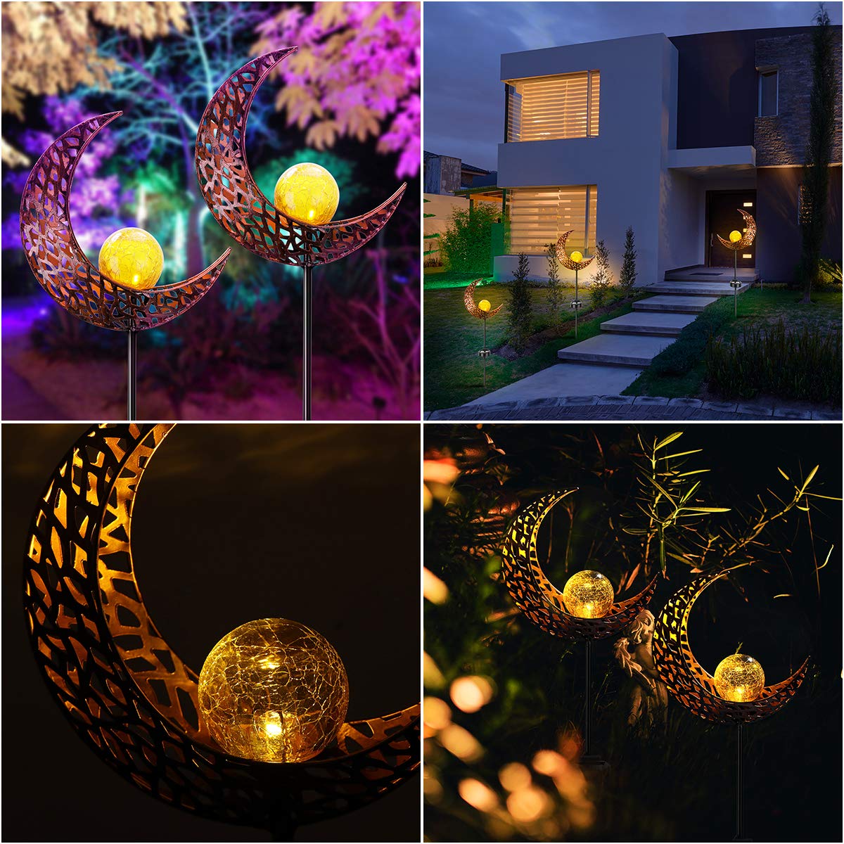 YUNLIGHTS Garden Solar Lights Pathway Outdoor Moon Crackle Glass Globe Stake Metal Lights,Waterproof Warm White LED for Lawn,Patio or Courtyard