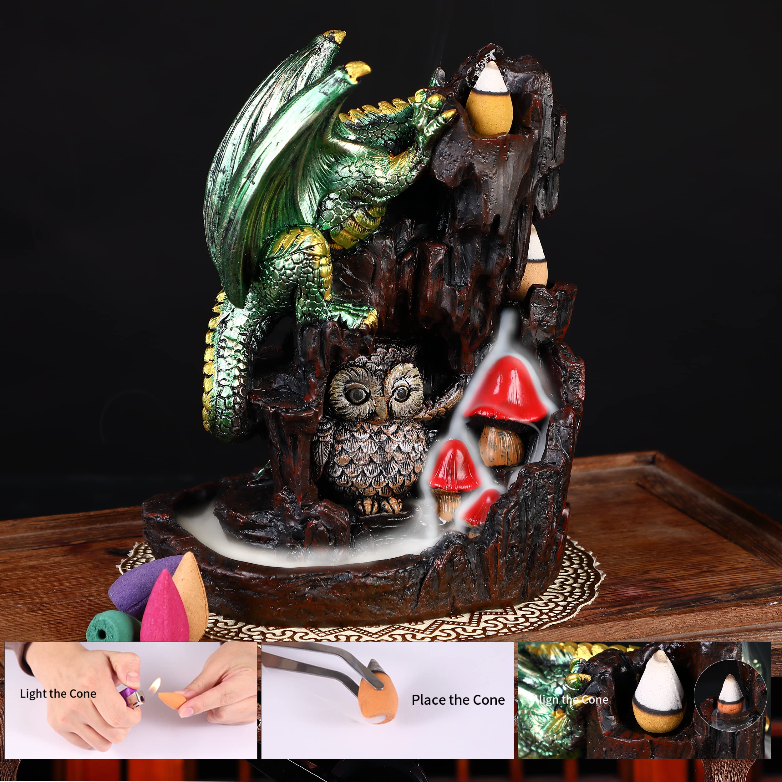 Zvaiuk Dragon Backflow 2 Sided Mountain Waterfall Incense Burner,Fountain Smoke Incense Holder with 100 Backflow Incense Cones, Tweezers, Mat,Resin Aromatherapy Meditation Decor