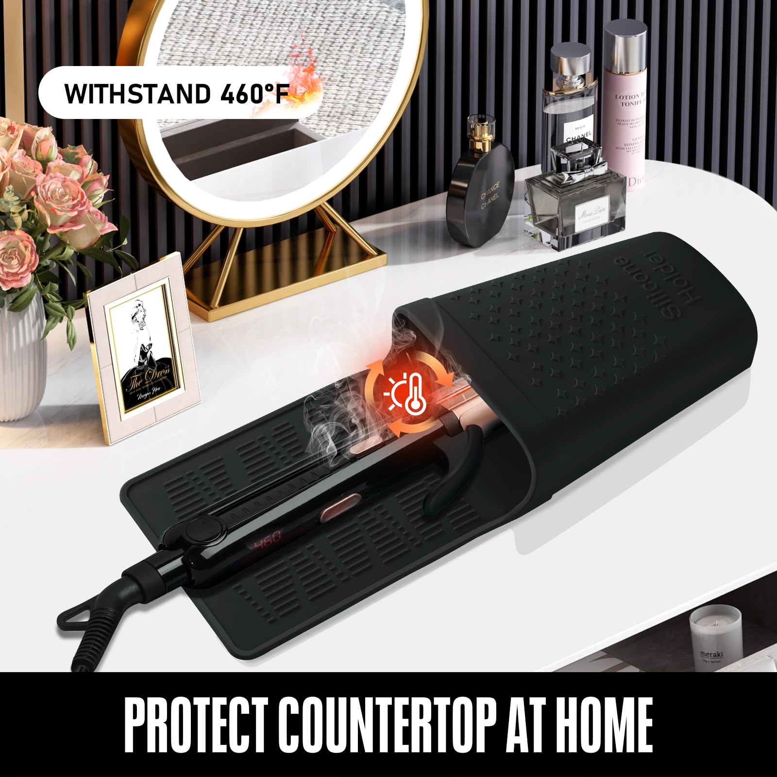 ZAKRA Flat Iron/Curling Iron/Hair Straightene/Hot Hair Tools Holder, Silicone Heat Resistant Mat Pouch Organizer,Come with Hook.(Black)