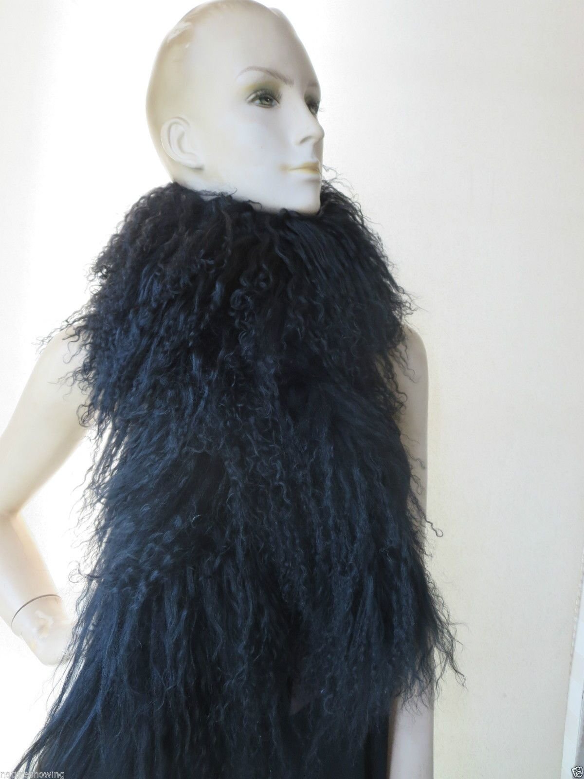 XUYUZUAU Real Mongolian Lamb Hair Scarf Wool Wraps Black Overlength Warm Black