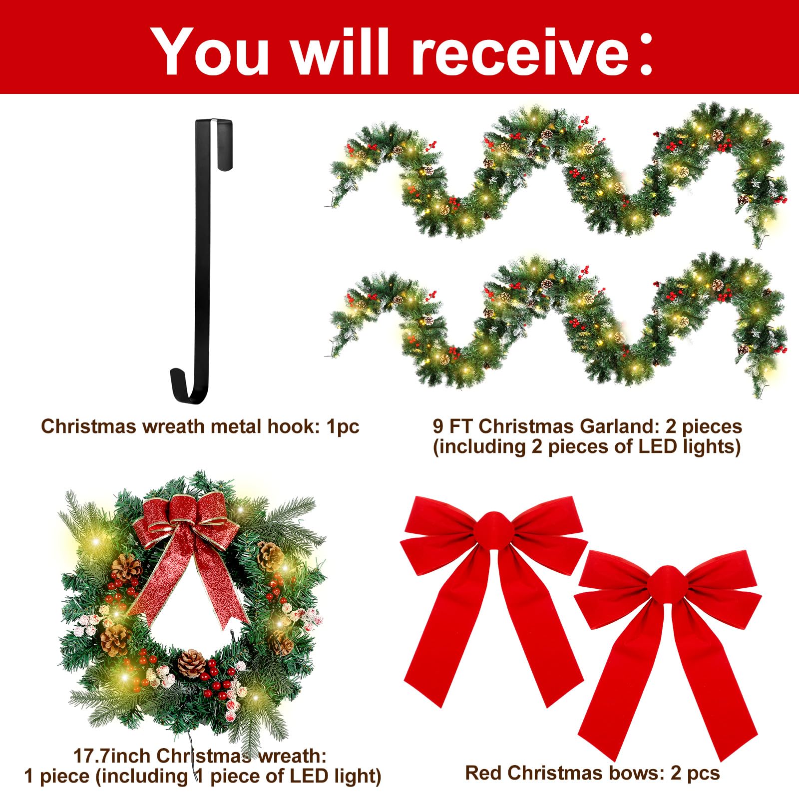 Yingzhao Christmas Wreath Decoration Kit - Includes 18ft Garland Lights, 16'' Wreath, 20 LED Lights, Mental Hanger, 2 Red Bows
