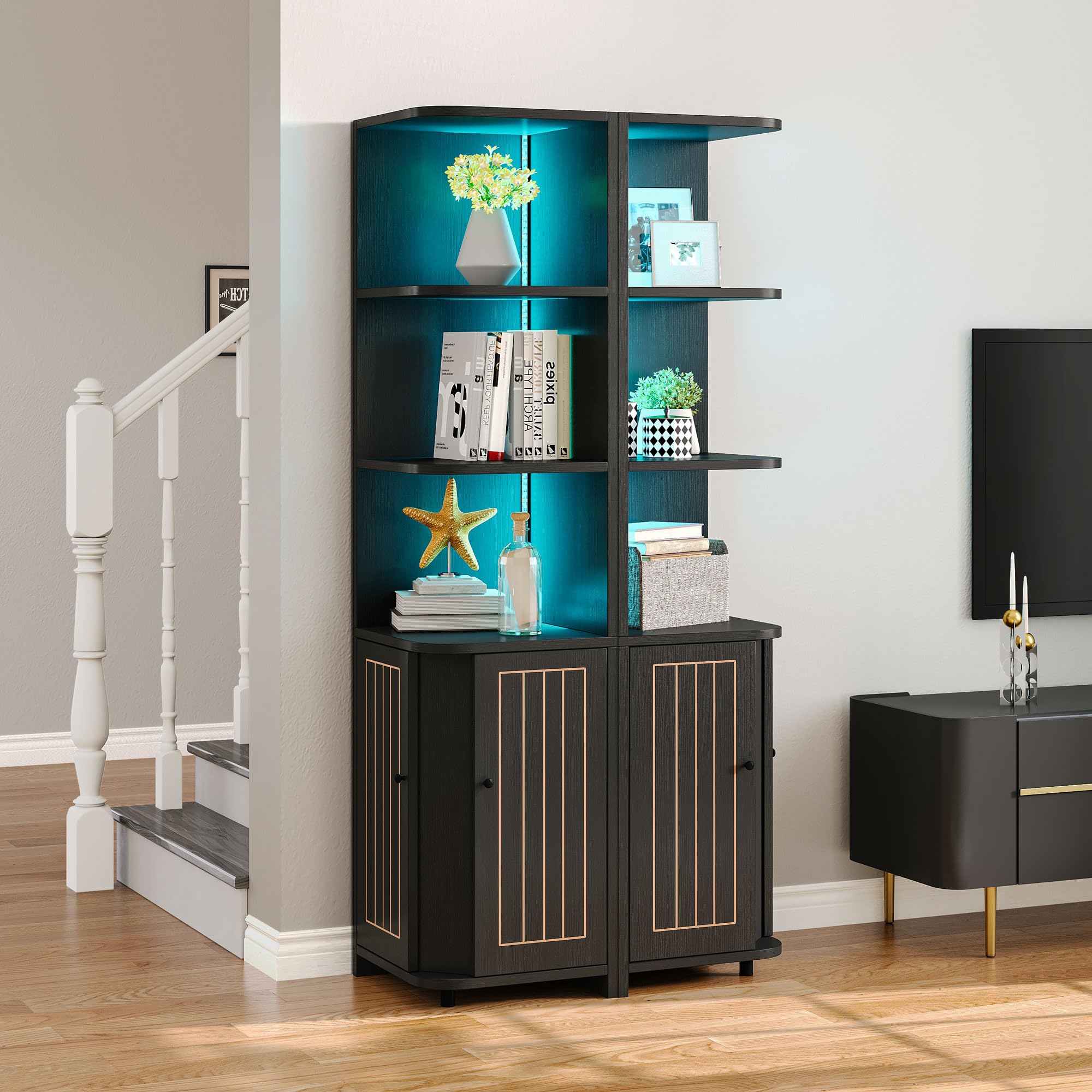 YITAHOME Corner Cabinet with LED Lights, 71.1β Corner Bookshelf and Bookcase with Storage, Modern Display Corner Shelf for Living Room, Bedroom, Dining Room, Kitchen, Charcoal Gray (1 PC)