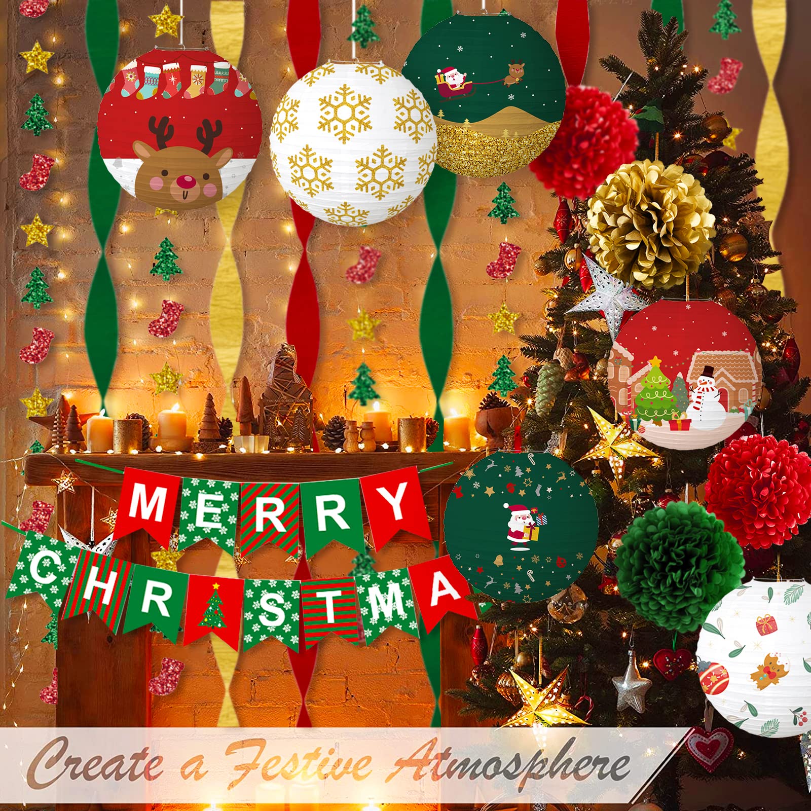 YIOTJUNL Christmas Decorations Party Paper Lanterns Set,Red and Green Pom Poms Christmas Decorations,Merry Christsmas Banner for Christmas Party Decorā¦