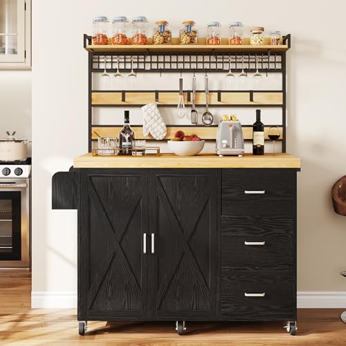 YITAHOME Large Rolling Kitchen Island with Storage Cabinet Drawer Tall Shelf, 53 Inch Big Portable Mobile Baker Rack Cart Movable on Wheels Thick Counter Glass Holder Hooks Spice Rack, Black & Oak
