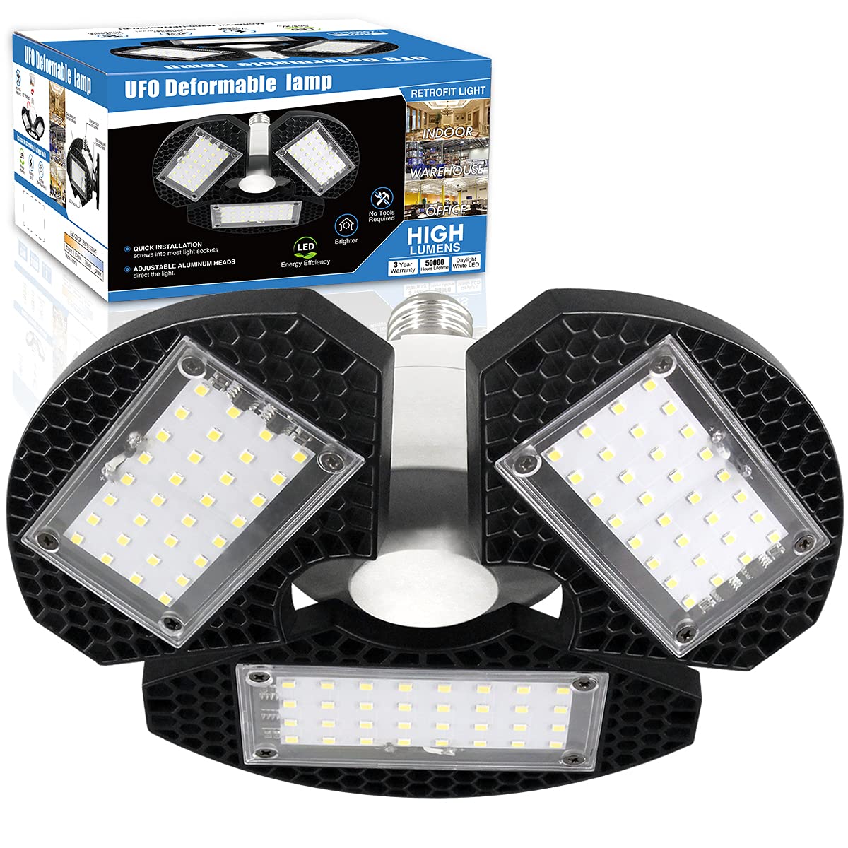 ZJOJO Garage Light 1pack 60W 7500LM Led Shop Light 6000K,Garage Lights Ceiling Led with 3 Adjustable Panels,Shop Lights for Garage Led Super Bright,E26 Base Ideal for Workshop/Attic/Barn/Basement