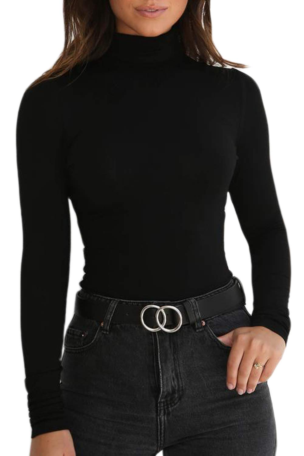 Women's Long Sleeve Lightweight Soft Pullover Turtleneck Tops 100% Modal (S, Black)
