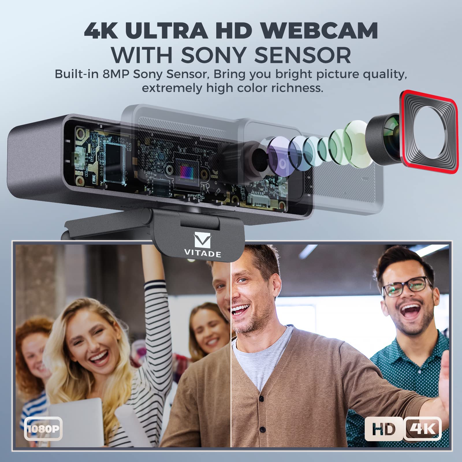 VITADE 4K Webcam with AI-Powered Framing,Remote Control Web Camera/10X Digital Zoom 4k 30fps Web cam with USB 3.0 HDR/Dual Noise Cancelling Microphones for PC Mac, Streaming, Video Call, Zoom, Skype