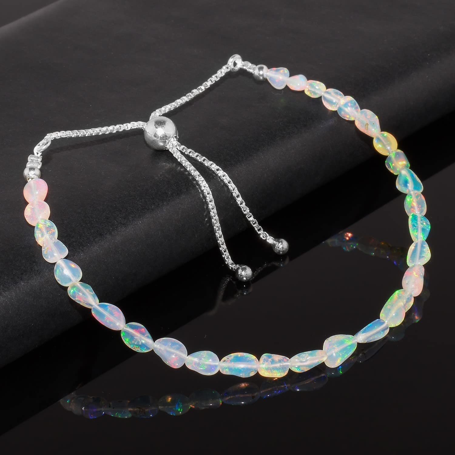 ZEMBIENCE Natural Ethiopian Opal Gemstones Bolo Bracelets, Plain Nuggets Beads, Silver Plated, Handmade, Libra Zodiac, Adjustable Slider. Statement, Gift for Women. Size 10"