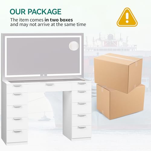YITAHOME Vanity Desk Set with Large LED Lighted Mirror & Power Outlet, Glass Top Vanity with 11 Drawers and Magnifying Glass, 46'' Large Makeup Vanity with Storage Bench, White Vanity for Bedroom