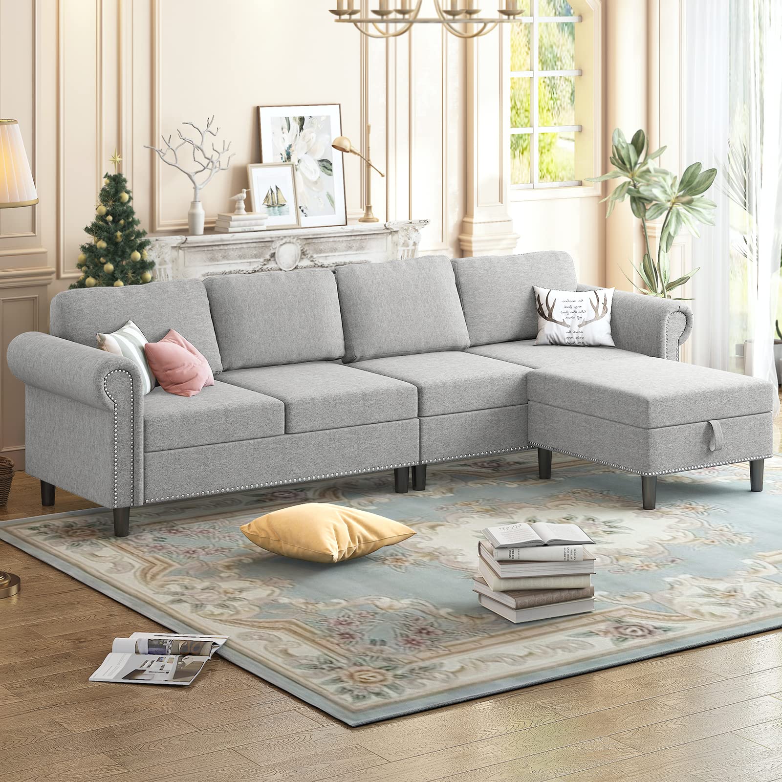 ZAFLY 102 Inch Oversized L Shaped Sofa with Reversible Storage Ottoman, 4-seat Sectional Couch with Footstool, Retro Design, Reversible Storage Chaise, Line Fabric Sofa for Living Room,Light Gray