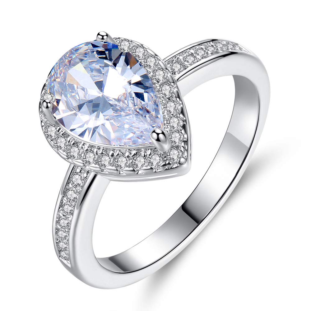 Xunuo Women's 18K White Gold Plated Teardrop Halo Pear Cut 3 Ct Cubic Zirconia CZ Solitaire Engagement Ring (US code 8)