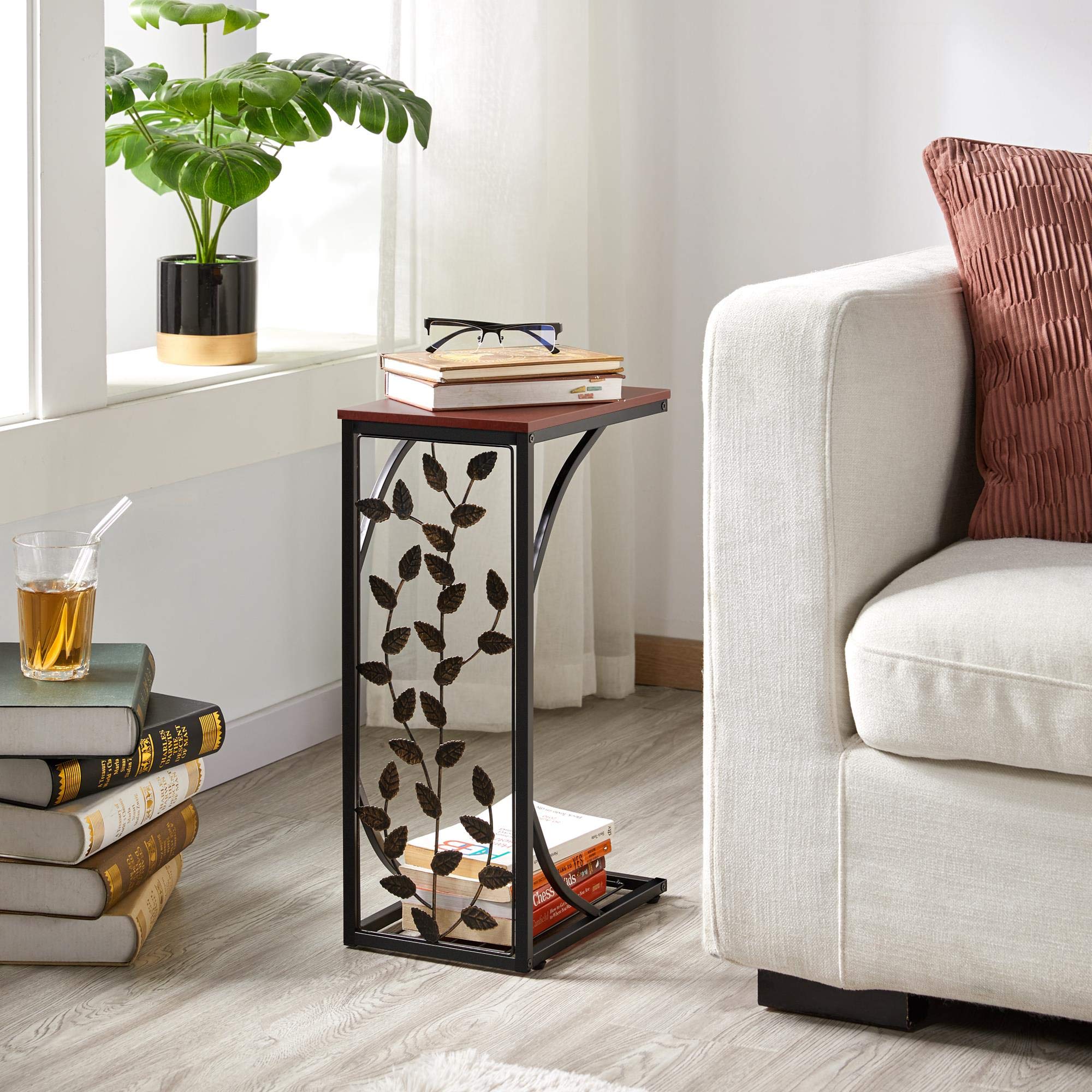 Yaheetech C Shaped End Table Set of 2 Sofa Side Tables for Living Room, Couch Tables Small Coffee Tray Snack Tables Slide Under Sofa with Elegant Leaf Design, Bronze Metal Frame and Wooden Tabletop
