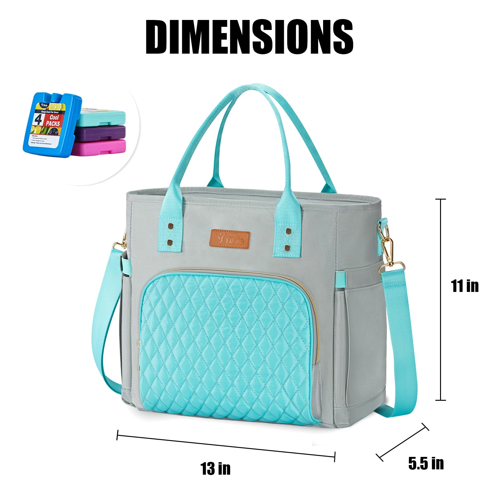 Yitote Cute Lunch Bag with Bottle Holder For Women Insulated with 4 Icepacks, ,Lunch Box with Adjustable Shoulder Strap For Work (Green Gray)