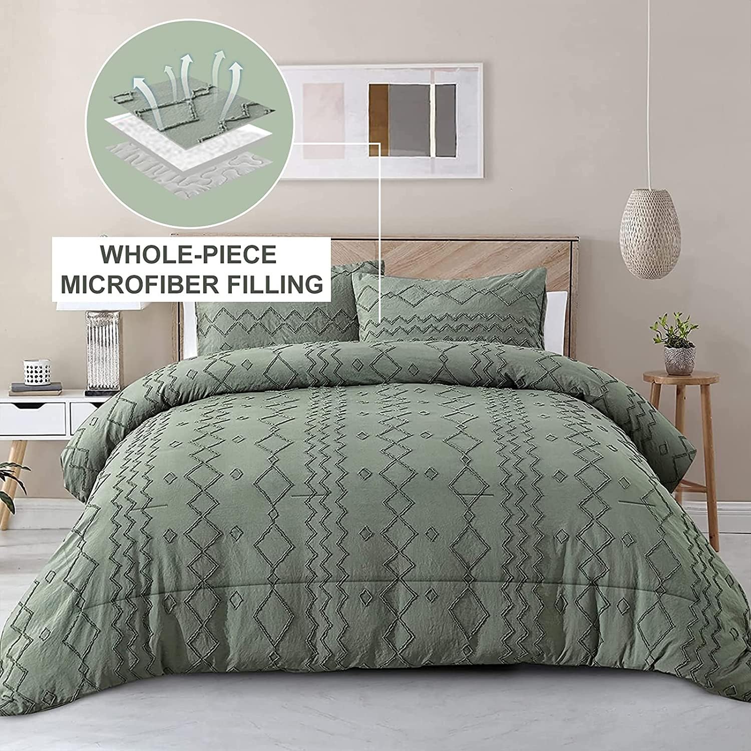 WONGS BEDDING Green Tufted Comforter Set Full Size (80×90 inches), Boho Shabby Chic Comforter Geometry Embroidery Bedding Set 3 Pieces Soft Microfiber Comforter for All Seasons
