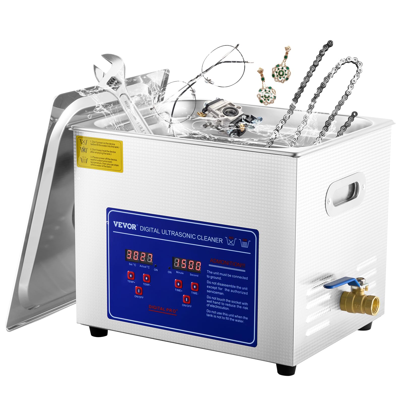 VEVOR Professional Ultrasonic Cleaner 10L/2.5 Gal, Easy to Use with Digital Timer & Heater, Stainless Steel Industrial Machine for Jewelry Dentures Small Parts, 110V, FCC/CE/RoHS Certified