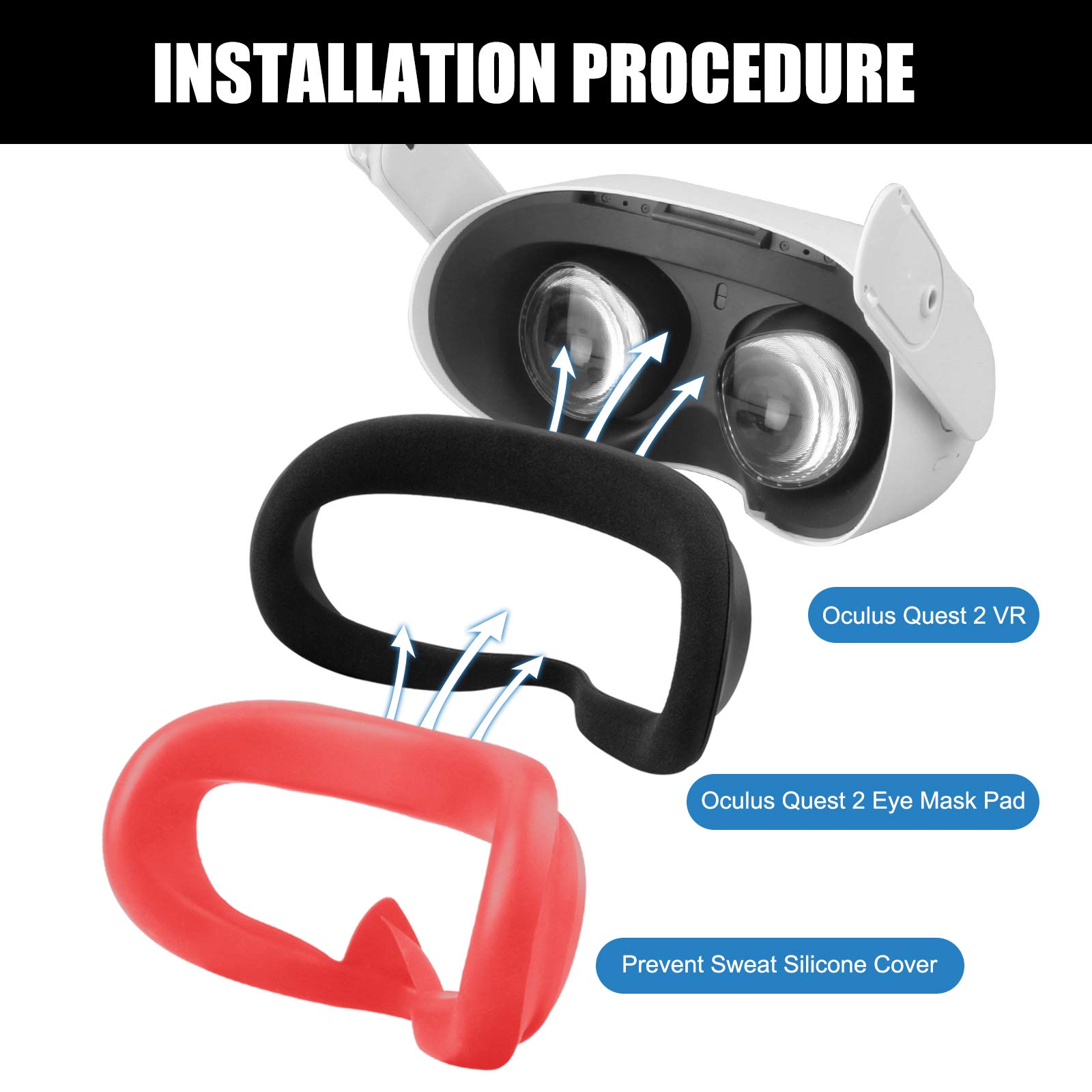 VERSAINSECT ilicone Cover Eye Mask Pad for Oculus Quest 2 Headset Sweatproof Waterproof Oculus Quest 2 Skin Replacement (Red+Blue+Black)