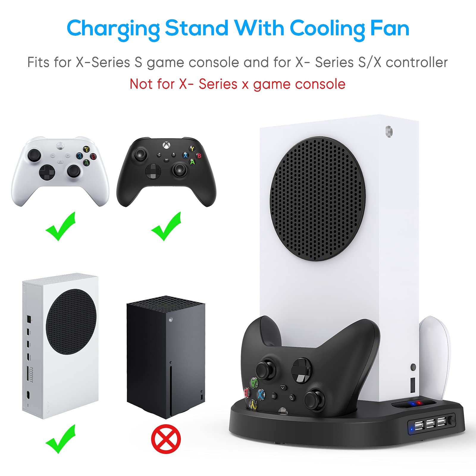 Vertical Charging Stand for Xbox Series S Controllers with Cooling Fan, MENEEA Charger Dock Station with LED Indicator and 3 USB Hubs