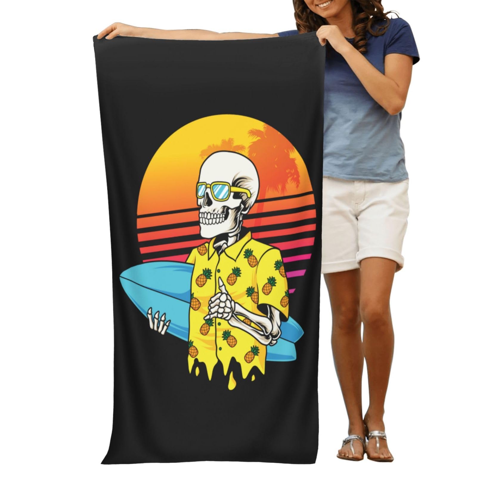 Zahika Summer Skull Surfing Beach Towel Absorbent Bathroom Towels Beach Towels Oversized Super β32x52 Inch
