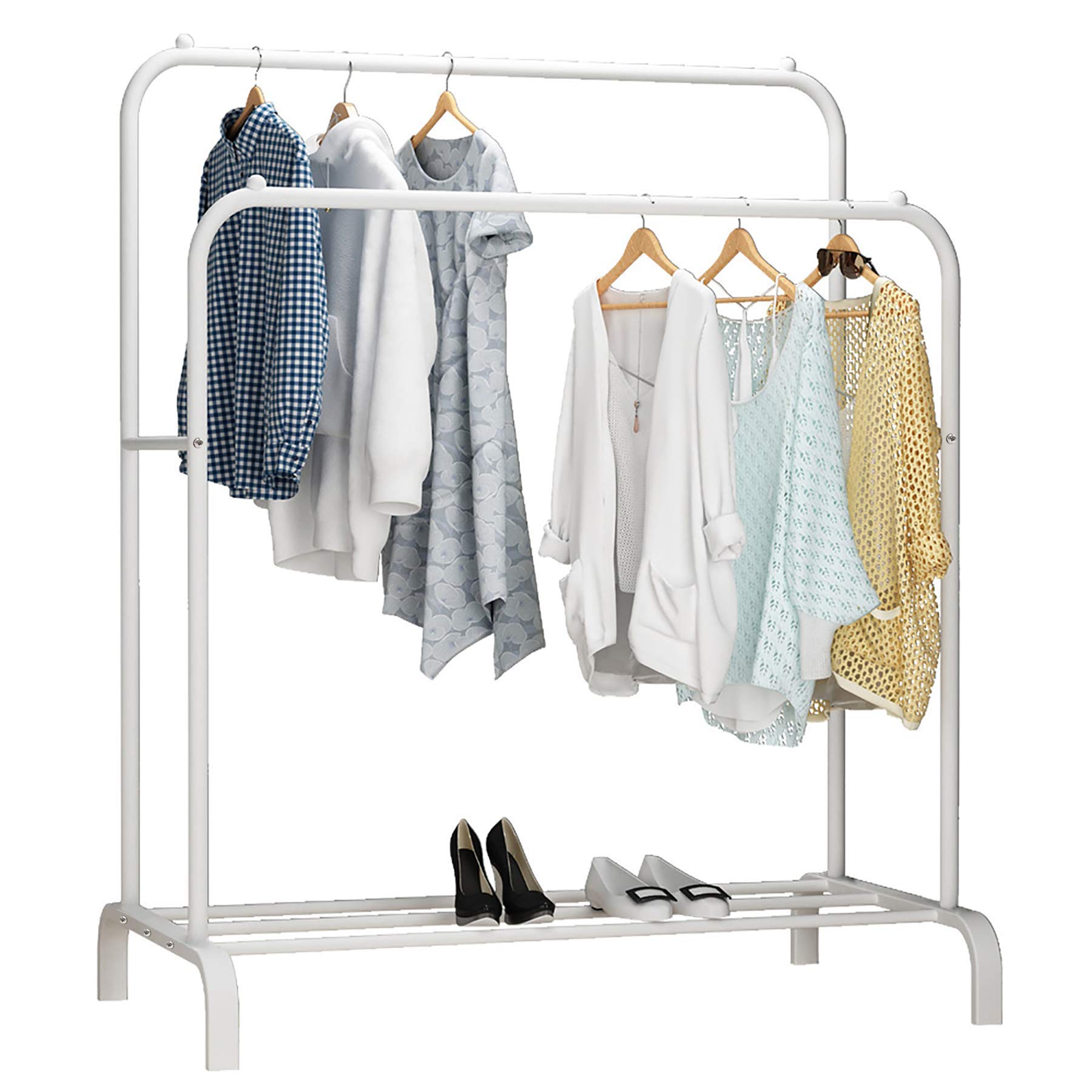 UDEAR Garment Rack,43.3 Inches Freestanding Hanger Double Pole Multi-functional Bedroom Clothing Rack, White