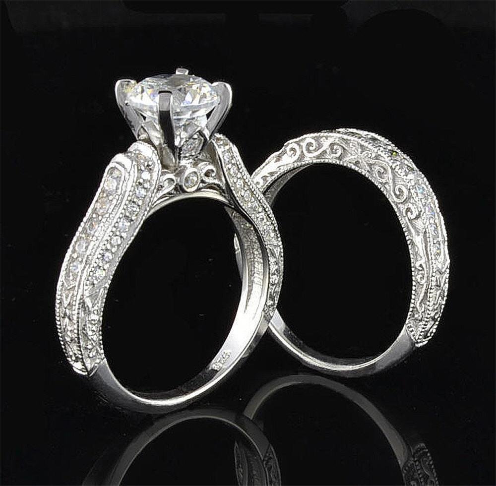 Venetia Top Grade Realistic Hearts and Arrows Cut 2 Carats Simulated Diamond Victorian Pave Ring Set 925 Silver Platinum Plated Cubic Zirconia cz shou6