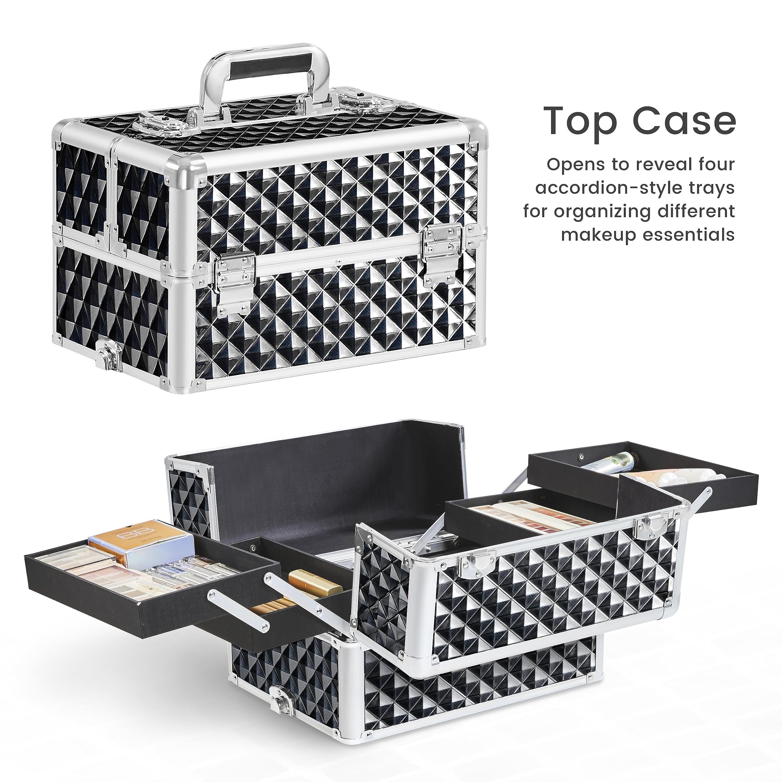 Yaheetech Professional Makeup Train Case 4 in 1 Cosmetic Trolley Nail Tech Travel Case Rolling Makeup Organizer Salon Barber Case with Wheels Hairstylist