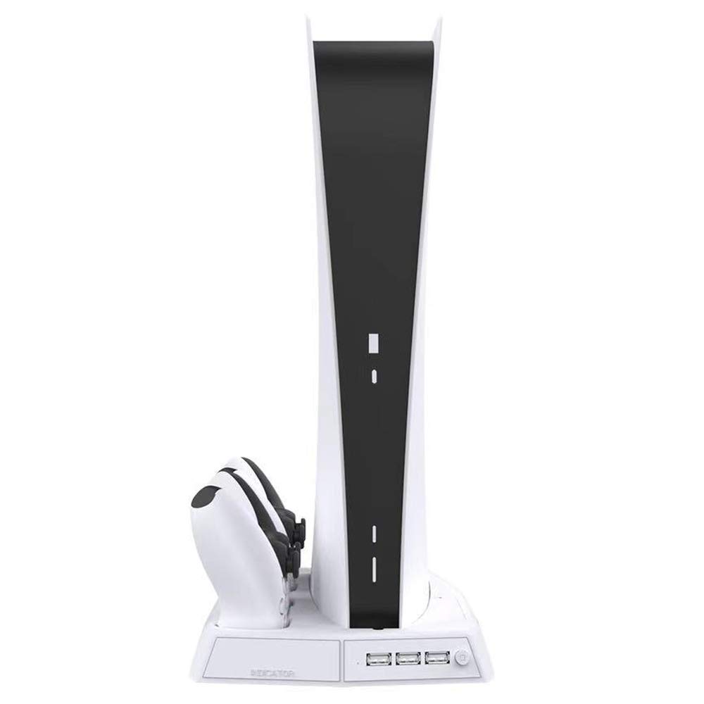 Vertical Stand for Playstation 5 with Cooling Fan Charging Station for PS5 Digital/CD-ROM Edition Console with 14 Game Storage Organizer 3 USB Port for PS5 and DualSense (White)