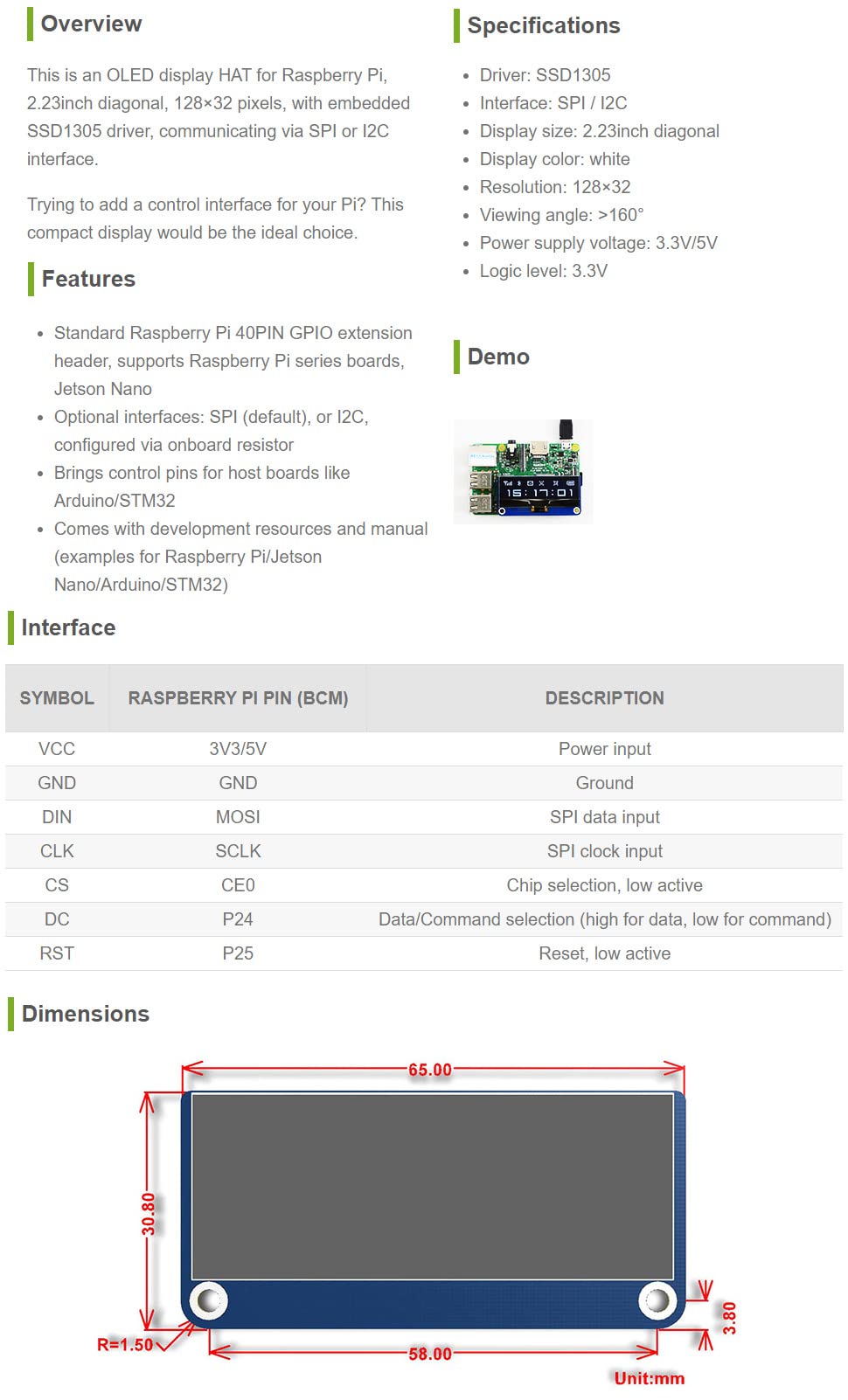 waveshare 2.23inch OLED Display HAT for Raspberry Pi 128×32 Pixels with Embedded 1305 Driver Communicating via SPI or I2C Interface.