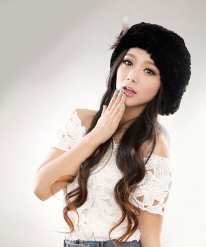 URSFUR Winter Women's Rex Rabbit Fur Beret Hats with Fur Flower (Black)
