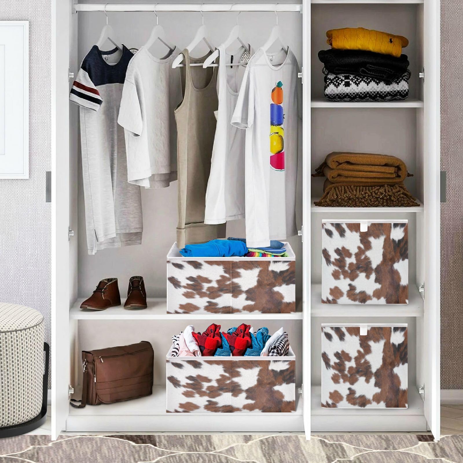 xigua White Brown Print Cow Cube Storage Box, Foldable Fabric Storage Cube Portable Storage Basket for Bookshelf Closet Laundry Room Nursery Home Decor, 15.75x10.63x6.96In