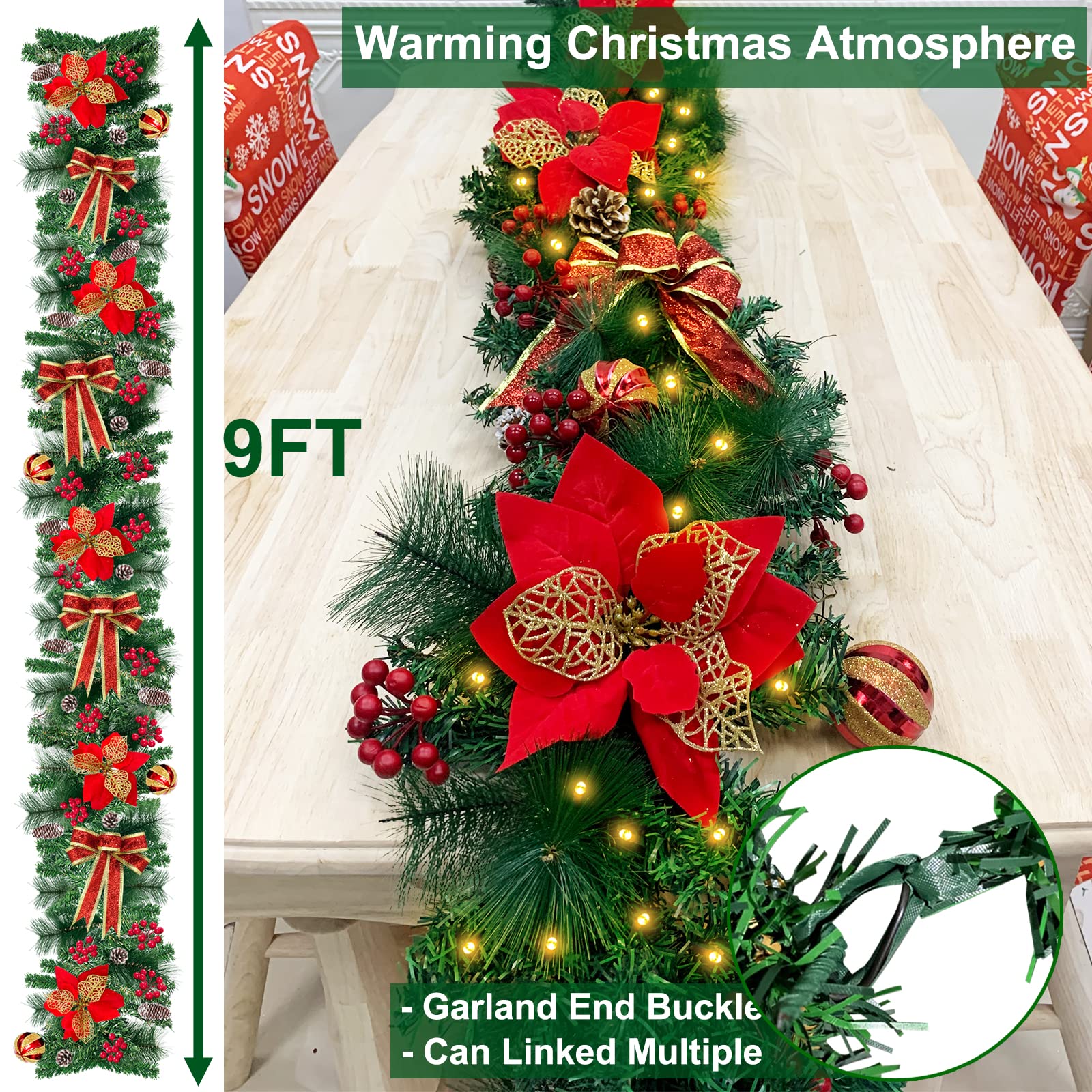Timer & 8 Modes - 9 Ft Prelit Christmas Garland Decorations with 100 Lights 300 Branches 5 Poinsettias 4 Xmas Balls 18 Pinecones Needles 198 Berries Battery Operated Christmas Decoration Indoor Home