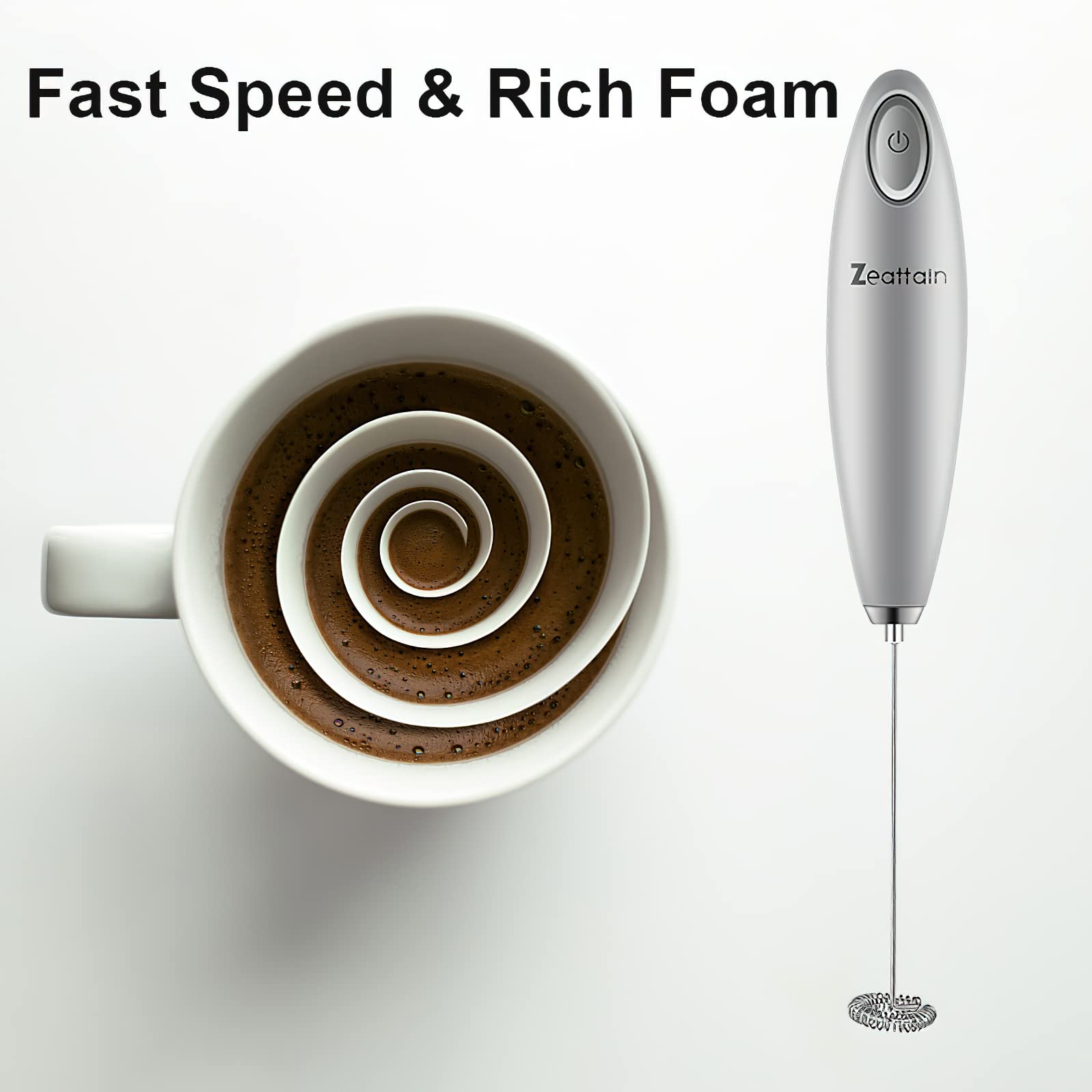 Zeattain Milk Frother Handheld Mixer, Battery Operated Electric Whisk Foam Maker for Cappuccino,Latte,Coffee,Matcha & More - Sliver