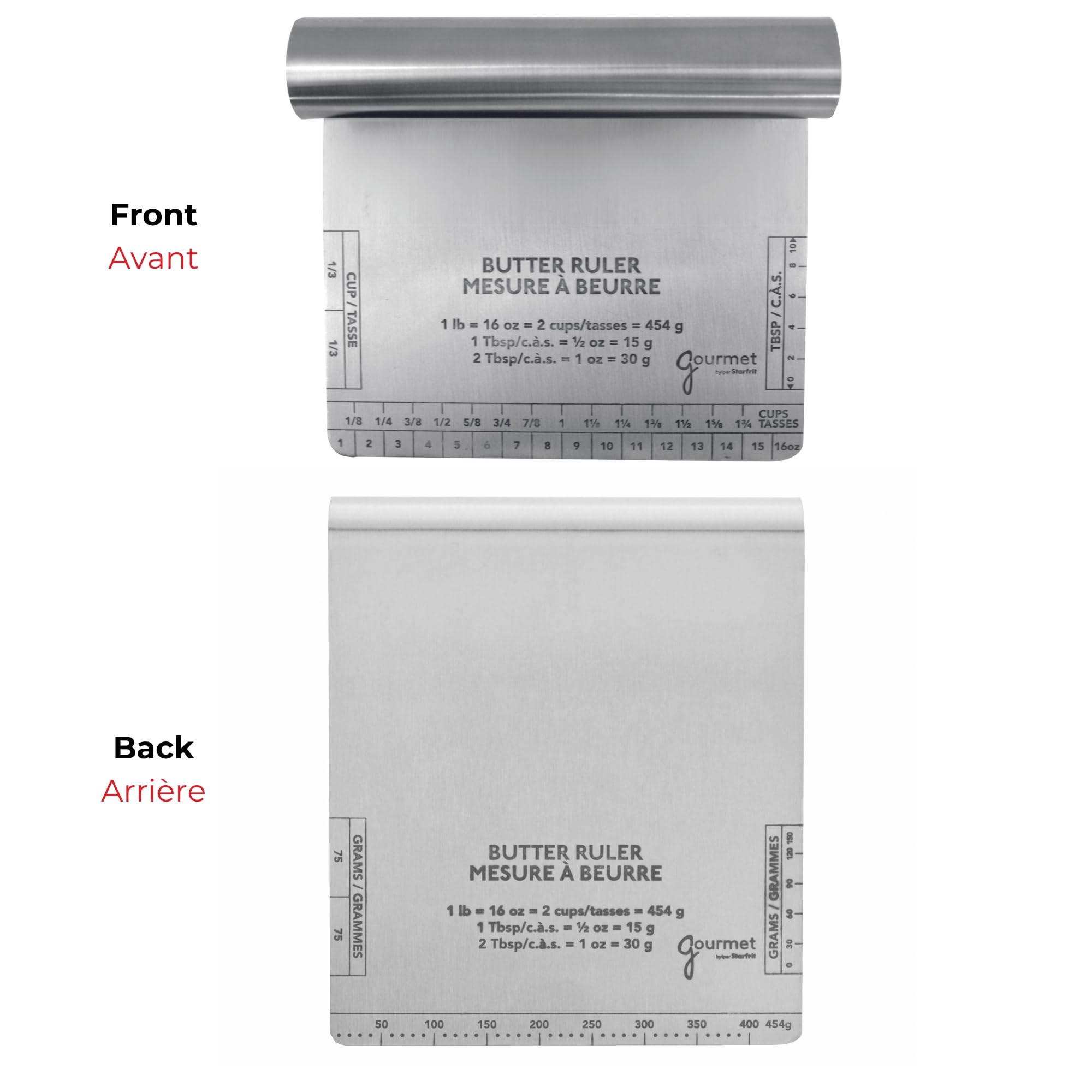 Starfrit Stainless Steel Butter Scraper/Ruler Measuring Cups, Silver 7.9x 6.25x 1.2