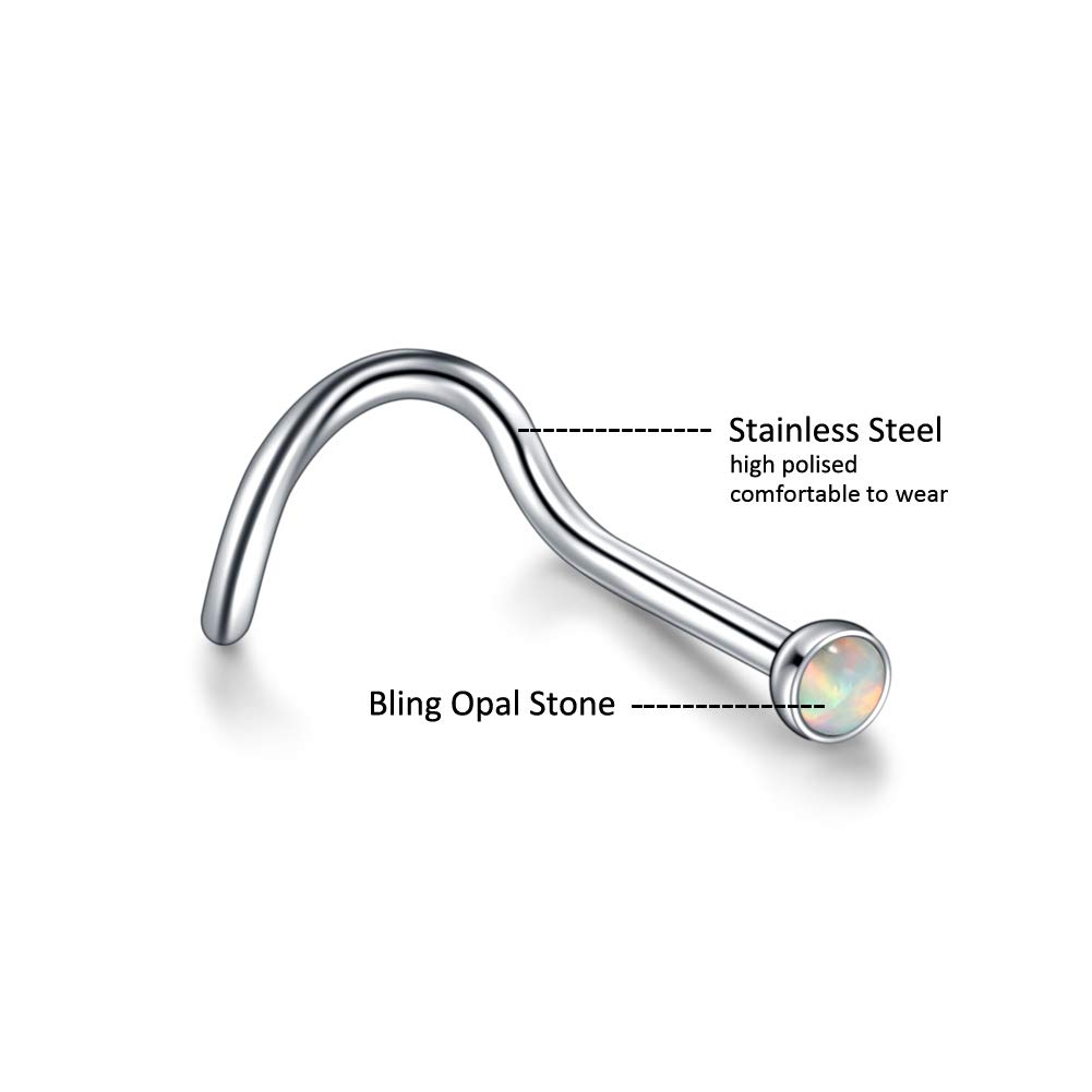 Xpircn 10PCS Nose Rings 20G Stainless Steel Opal Nose Studs Nose Screw Rings Ear Tragus Cartilage Nose Piercing Jewelry 2mm