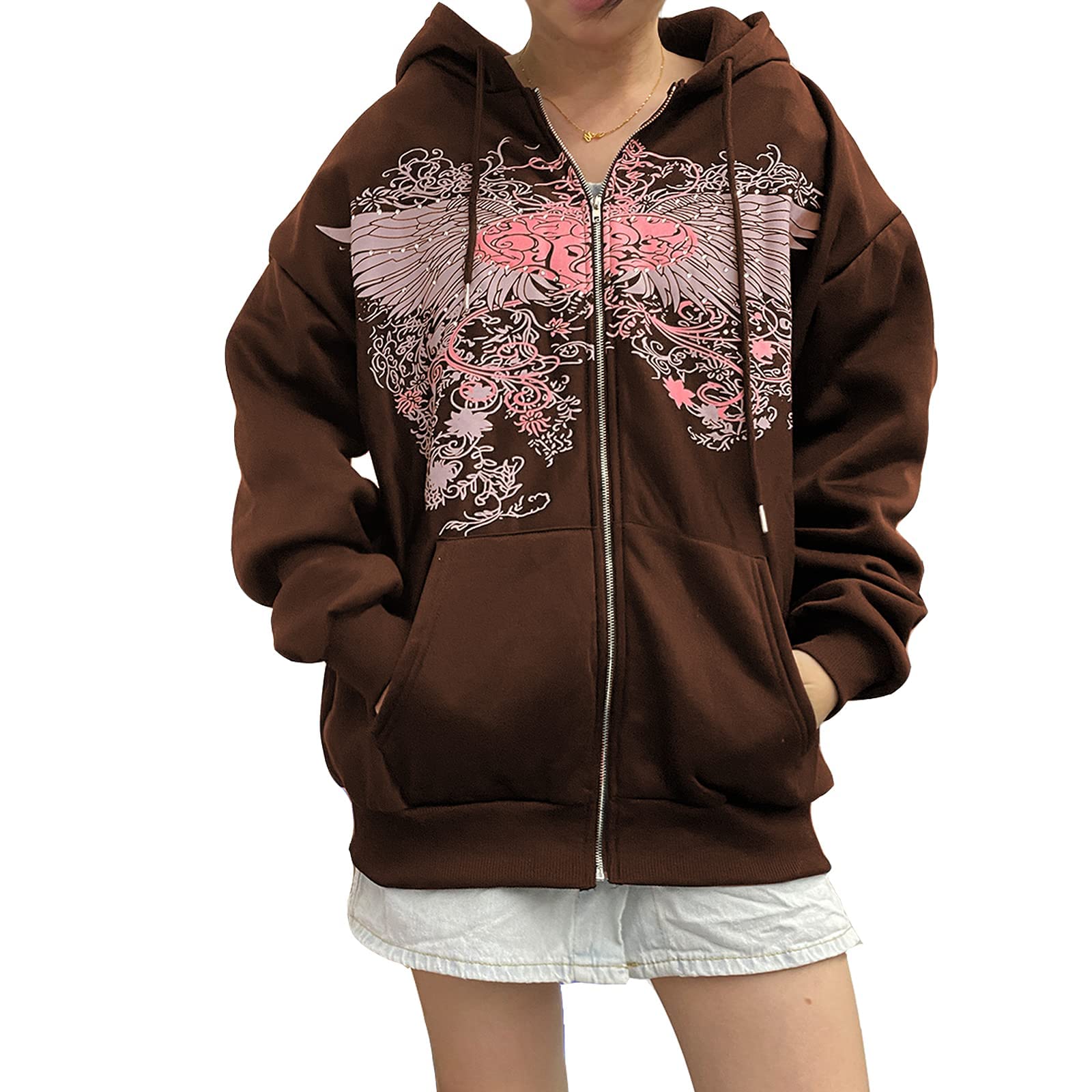 XFLnaraz Women's Y2k Fall Vintage Hoodie Sweatshirt Long Sleeve Zip-Up Oversized Jacket with Pockets(G-Brown, L)