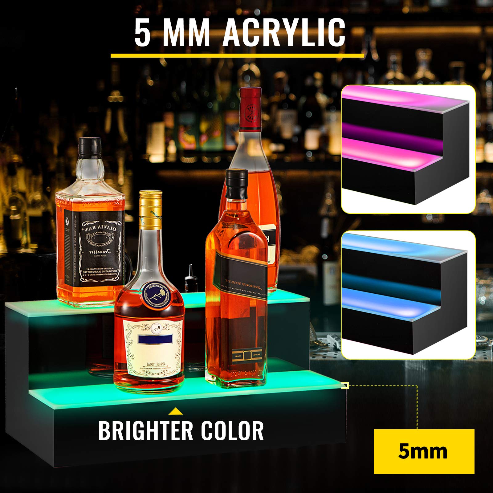VEVOR LED Lighted Liquor Bottle Display Shelf, 16-inch LED Bar Shelves for Liquor, 2-Step Lighted Liquor Bottle Shelf for Home/Commercial Bar, Acrylic Lighted Bottle Display with Remote & App Control